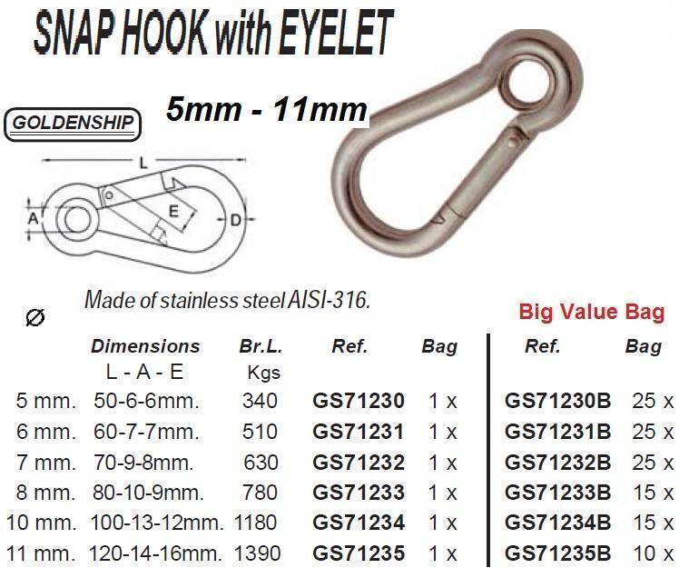 SNAP HOOK W/EYE ASI-316 6X60 - Price: €3,00